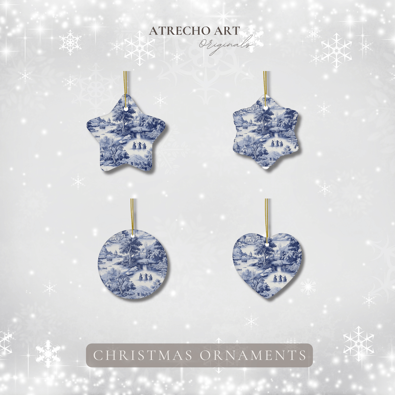 Blue and White Toile Ceramic Christmas Tree Ornament, 4 Shapes Heart S ...