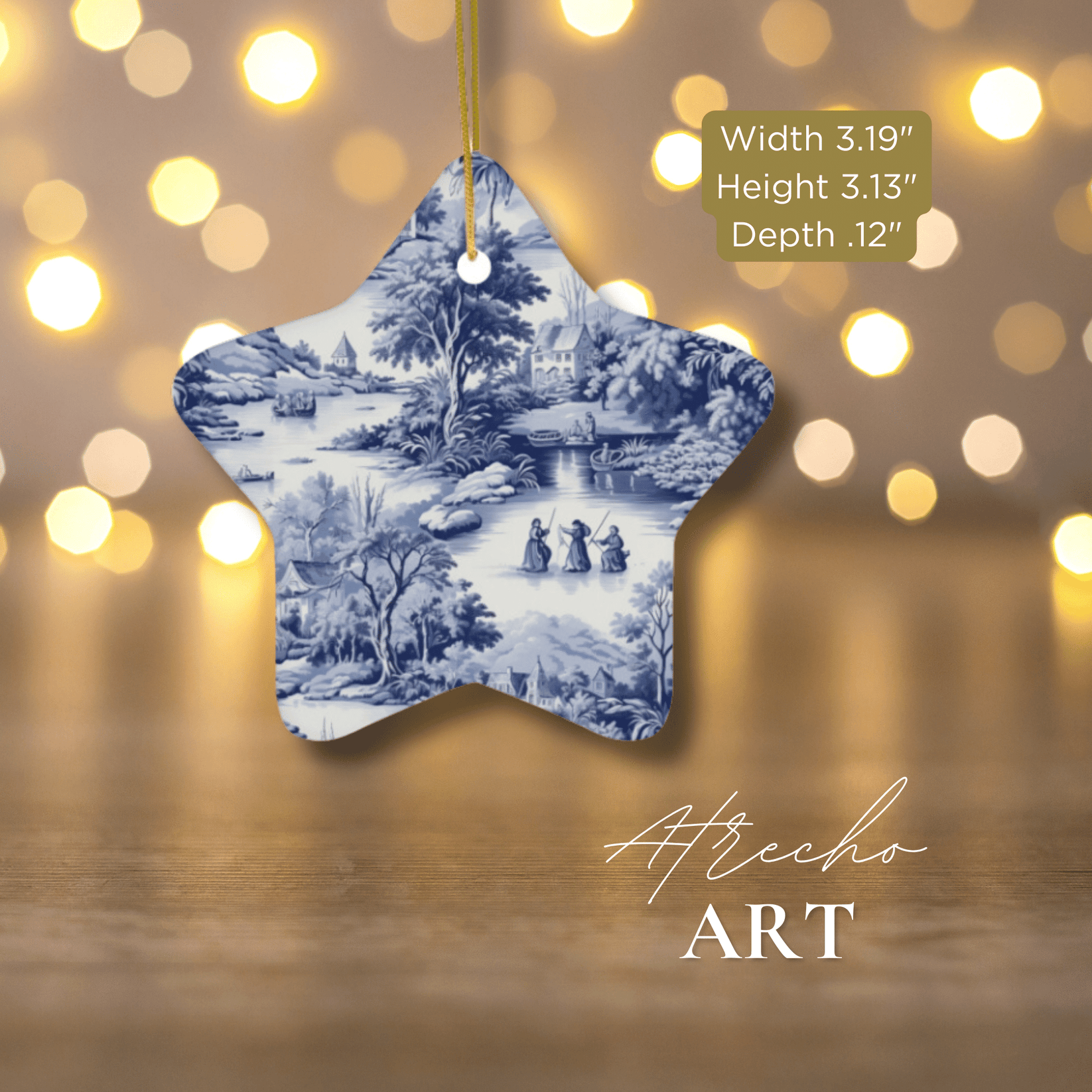Blue and White Toile Ceramic Christmas Tree Ornament, 4 Shapes Heart S ...
