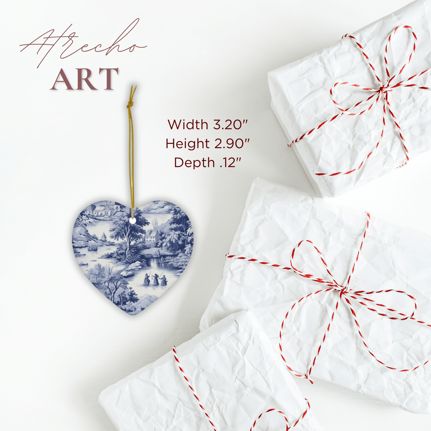 Blue and White Toile Ceramic Christmas Tree Ornament, 4 Shapes Heart S ...