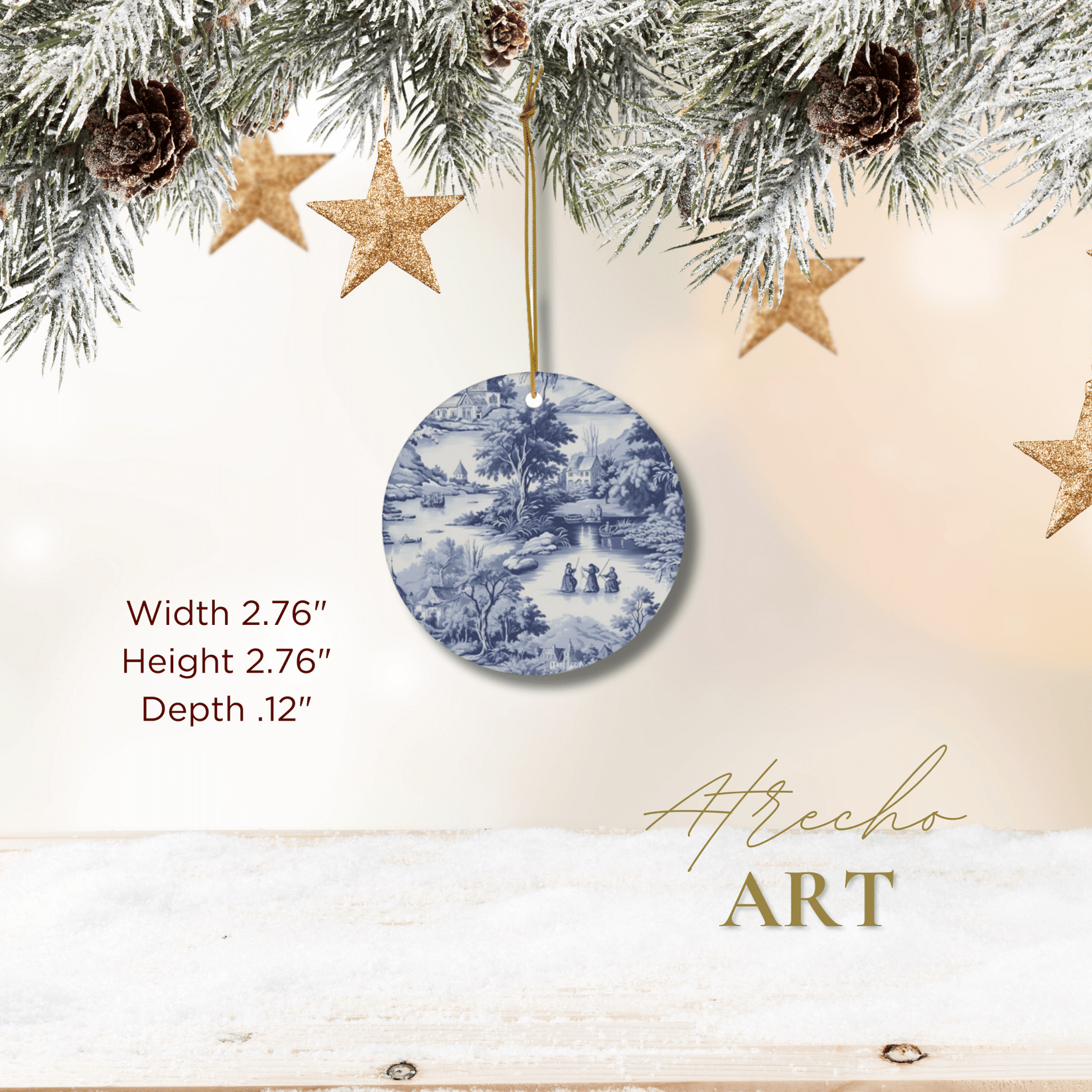 Blue and White Toile Ceramic Christmas Tree Ornament, 4 Shapes Heart S ...