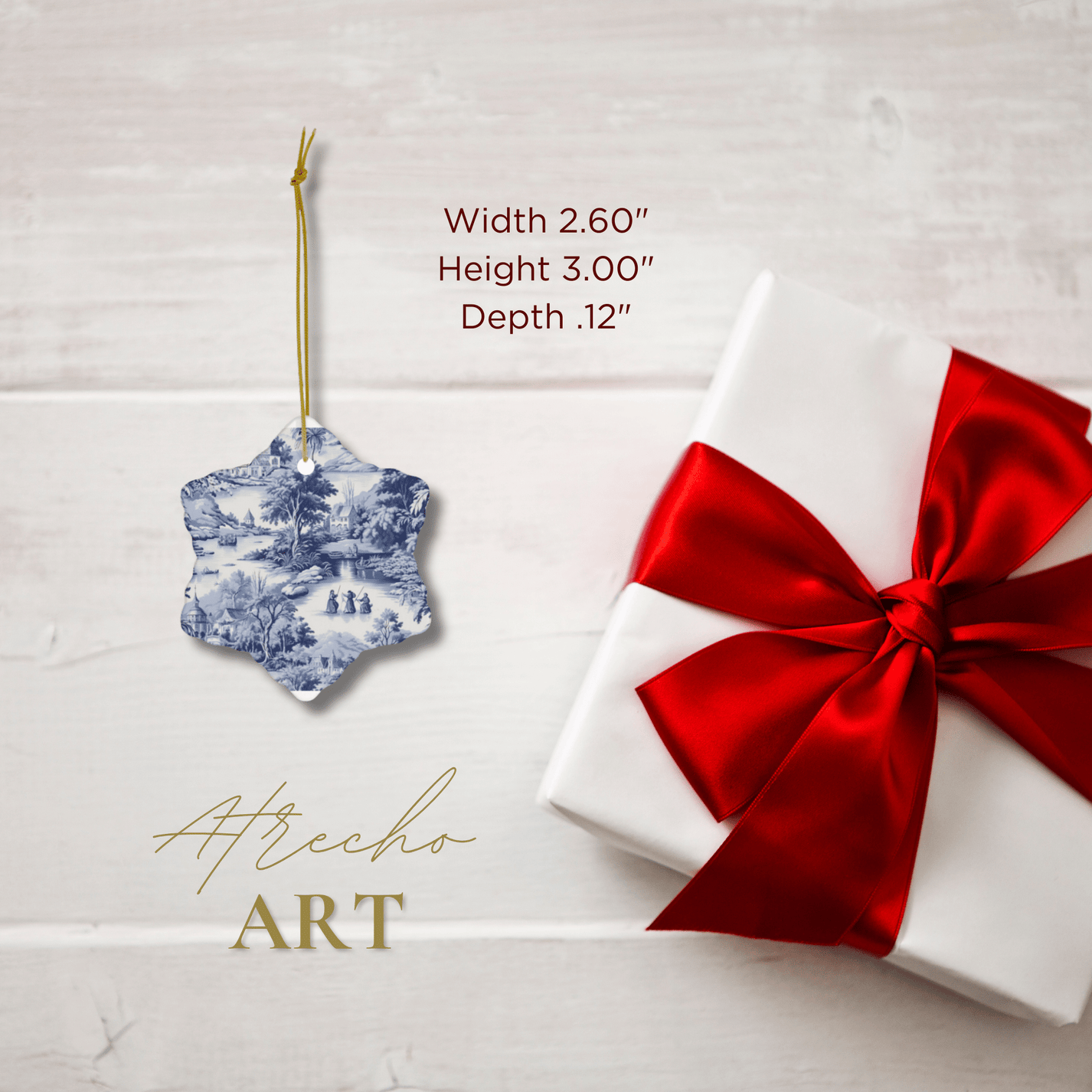 Blue and White Toile Ceramic Christmas Tree Ornament, 4 Shapes Heart S ...