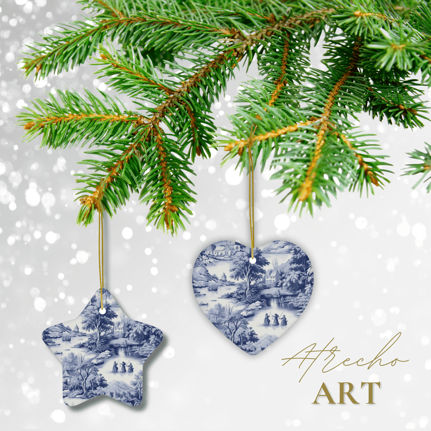 Blue and White Toile Ceramic Christmas Tree Ornament, 4 Shapes Heart S ...